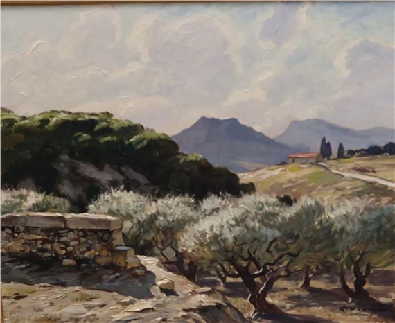 Gustave Vidal | A hilly landscape with olive trees and homestead to the ...