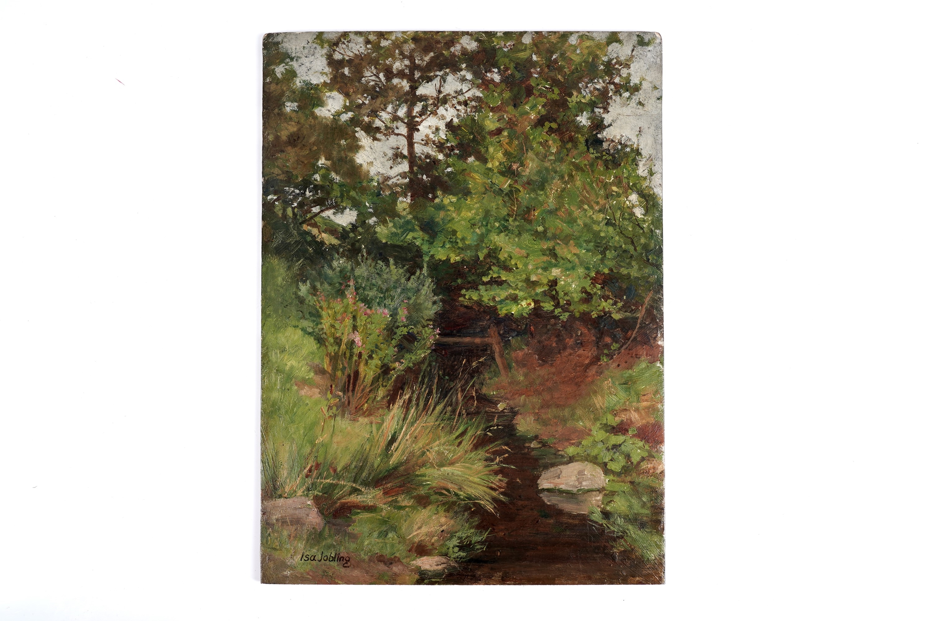 Isa Jobling | View Up a Stream with Pink Hawthorn Blossoming | oil ...