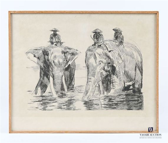 Paul Jouve | Elephants and mahouts bathing | MutualArt