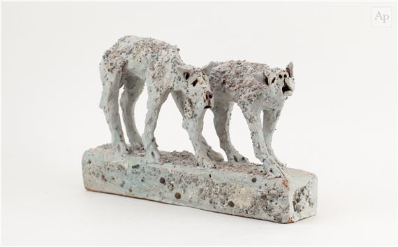 Ian Gregory | a grogged stoneware sculpture of two dogs on a ...