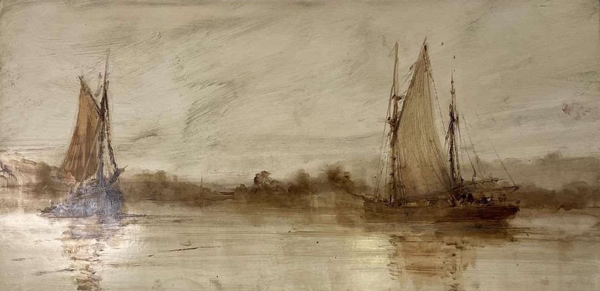 Anthony Amos | river scene with two masted vessels | MutualArt