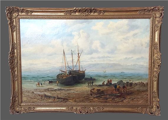Samuel W. Calvert | coastal scene with fishing boats and figures ...