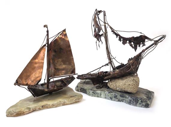 Jim Lewk | a copper model of a ship wrecked on a rock | MutualArt