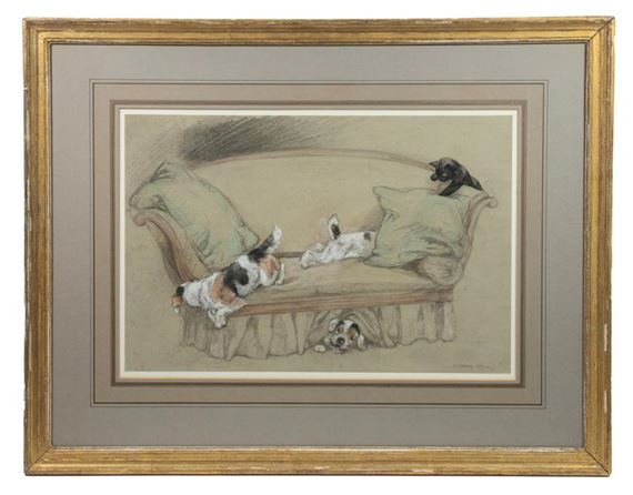 George Vernon Stokes | Three Puppies and a Cat Cavort on a Sofa | MutualArt