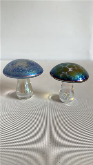 John Ditchfield | Two iridescent art glass mushroom paperweights ...