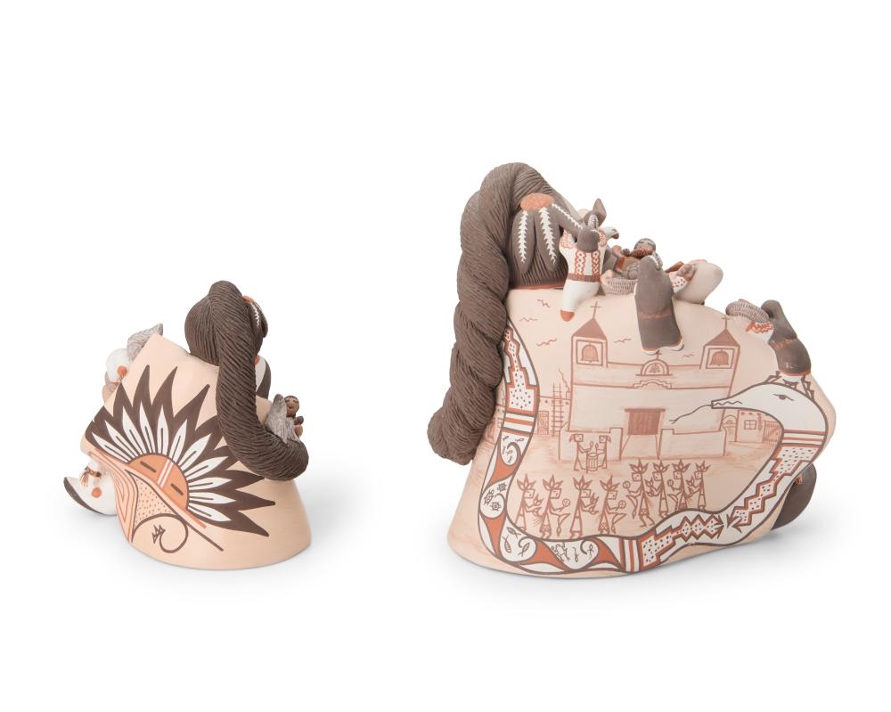 Robin Teller | Two polychrome slip-glazed pottery storyteller figures ...