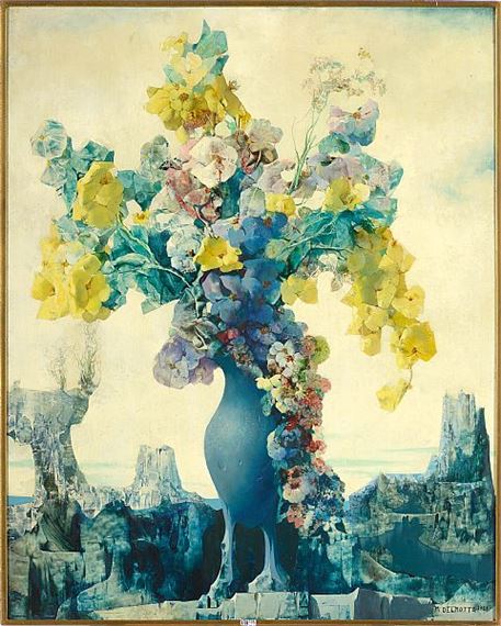 Marcel Delmotte | Huile sur panneau d’isorel Vase de fleurs devant un ...