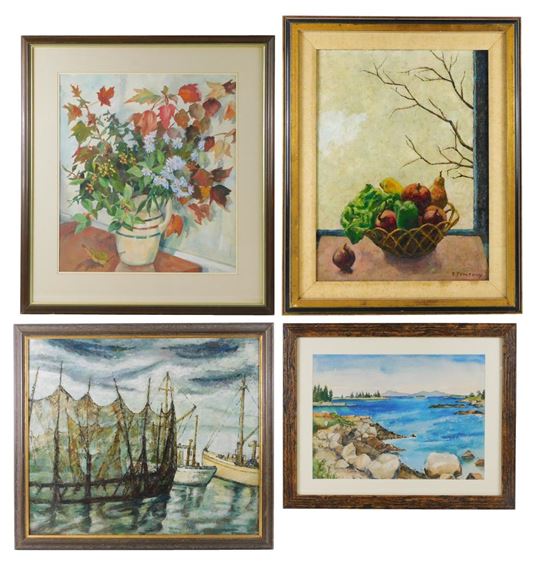Florence W. Pomeroy | Fruit basket in front of window; fishing scene ...