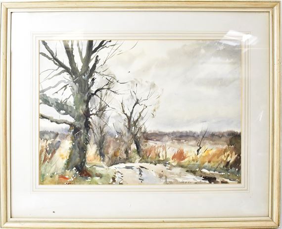 Edward Wesson | watercolour, landscape with trees in the foreground ...