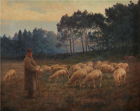 A. Thomas | Shepherd with sheep in a pasture | MutualArt
