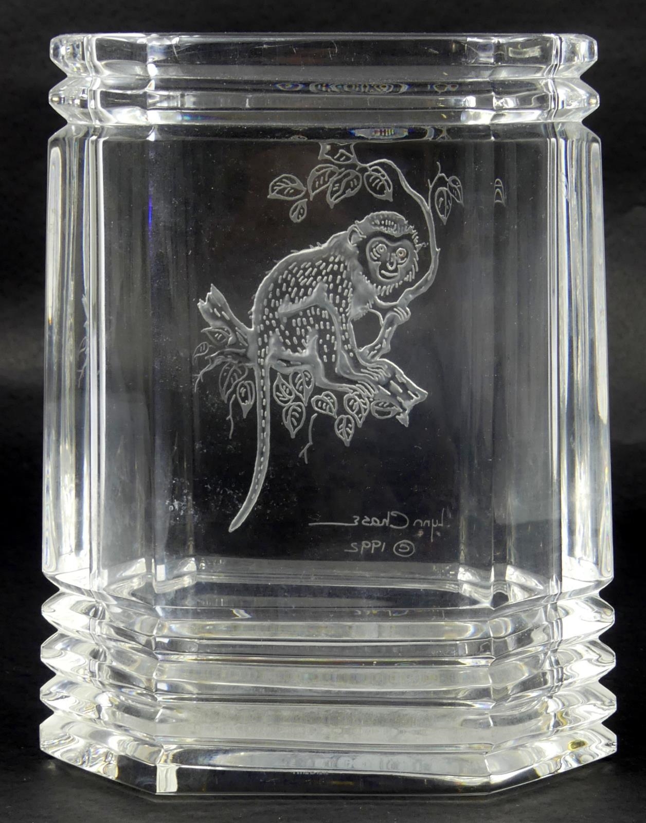 Lynn Chase | LYNN CHASE CUT CRYSTAL ETCHED MONKEY VASE (1992) | MutualArt