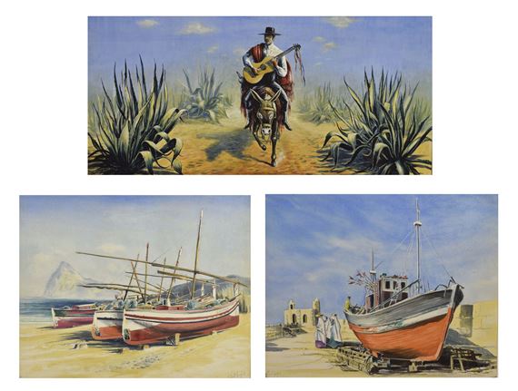 Stuart Maxwell Armfield | Troubadour on a donkey, 'Spanish boats near ...