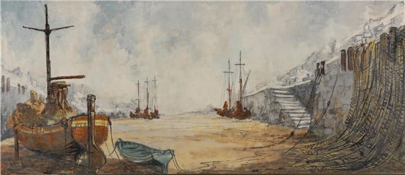 Ben Maile | Harbour scene with fishing boats at low tide | MutualArt