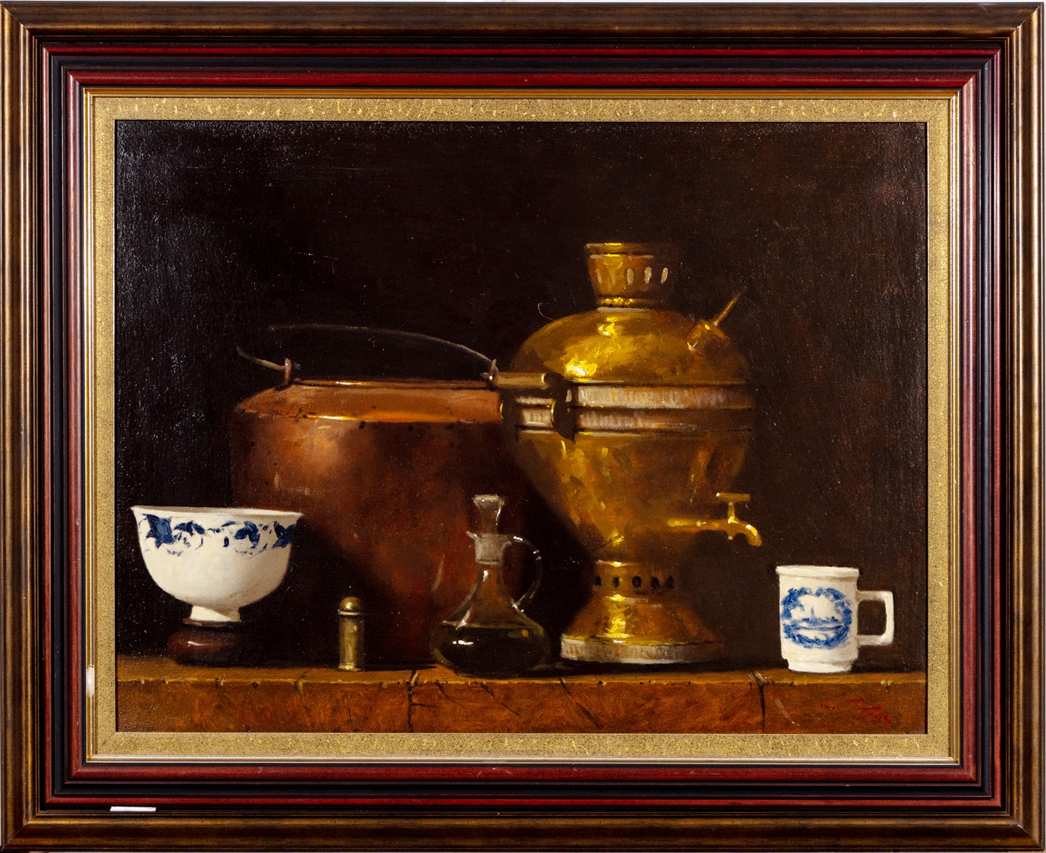 Duggie Du Toit | still life of brass samovar, pot and blue and white ...