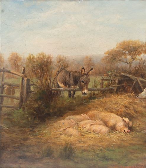 William Henderson | Donkey Watching Pig and Piglets in a Sty | MutualArt