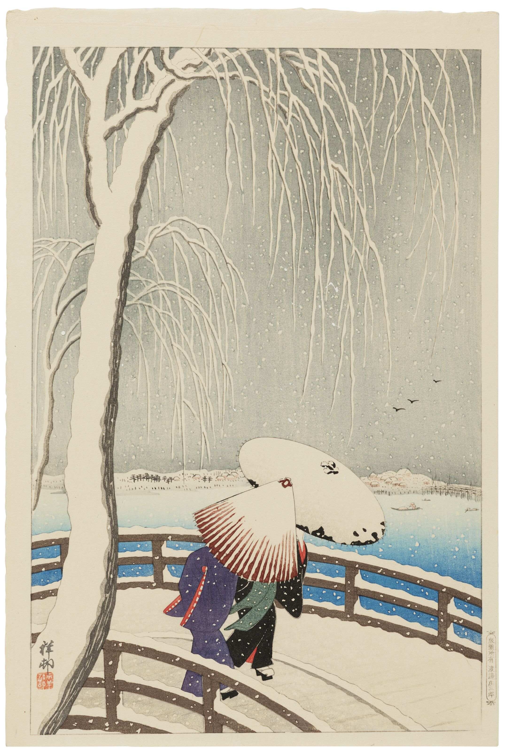 Ohara Koson | Yanagibashi no yuki (Snow on the Willow Bridge) (1927) | MutualArt