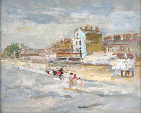 Florence Hess | Figures bathing with beach huts and other buildings ...