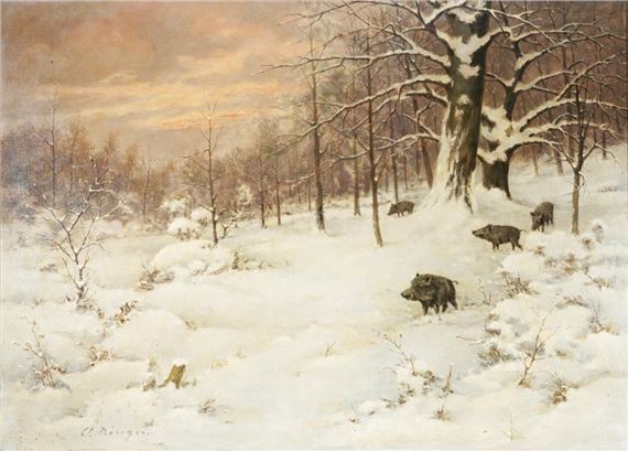 Otto Dinger | Wild boar pack in winter | MutualArt