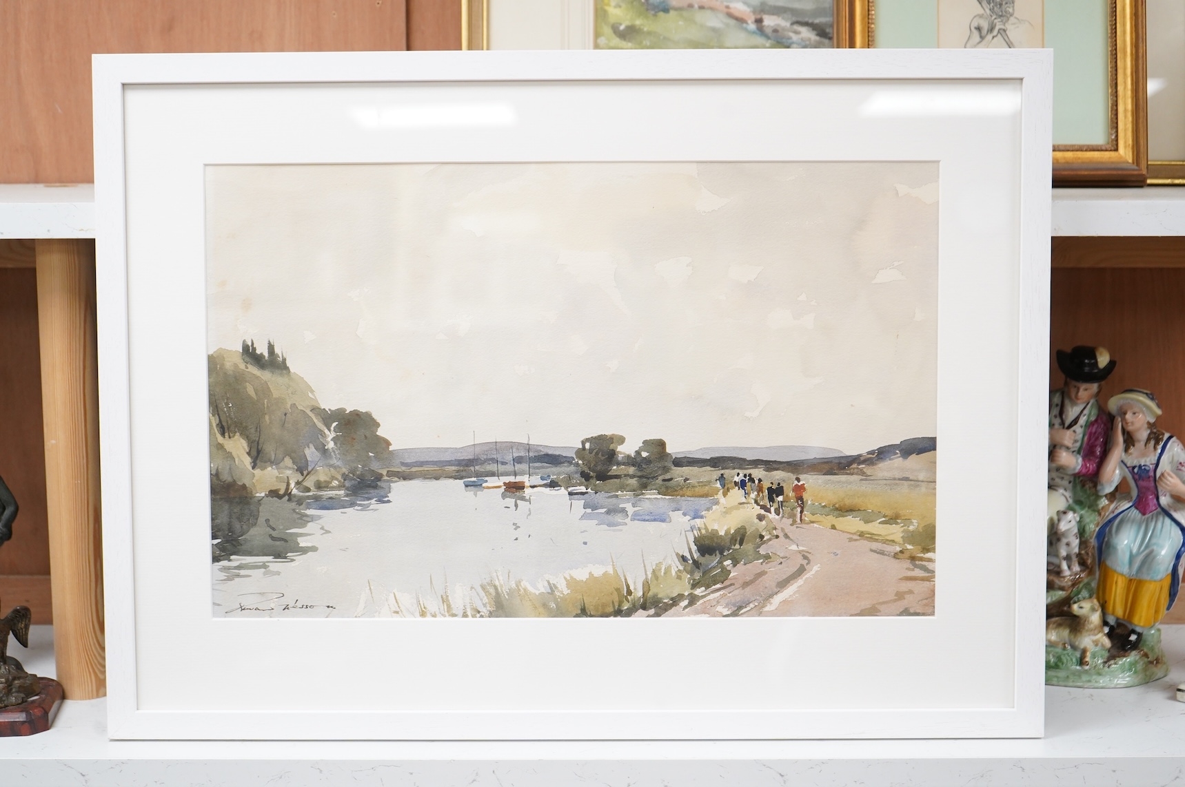 Edward Wesson | Riverscape with figures and fishing boats | MutualArt