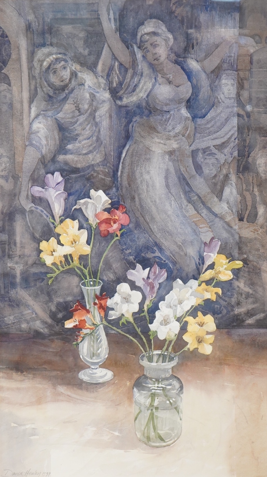 David Henley | Still life of flowers in vases with classical figures ...
