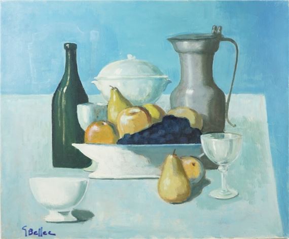 Georges Bellec | Nature morte au pichet d'étain, bouteille de vin et ...
