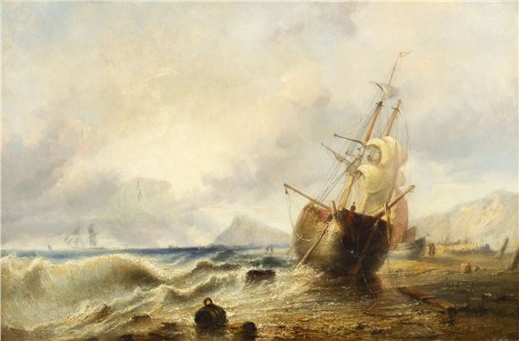 Edwin Hayes | Coastal Scene with Beached Sailing Boats | MutualArt