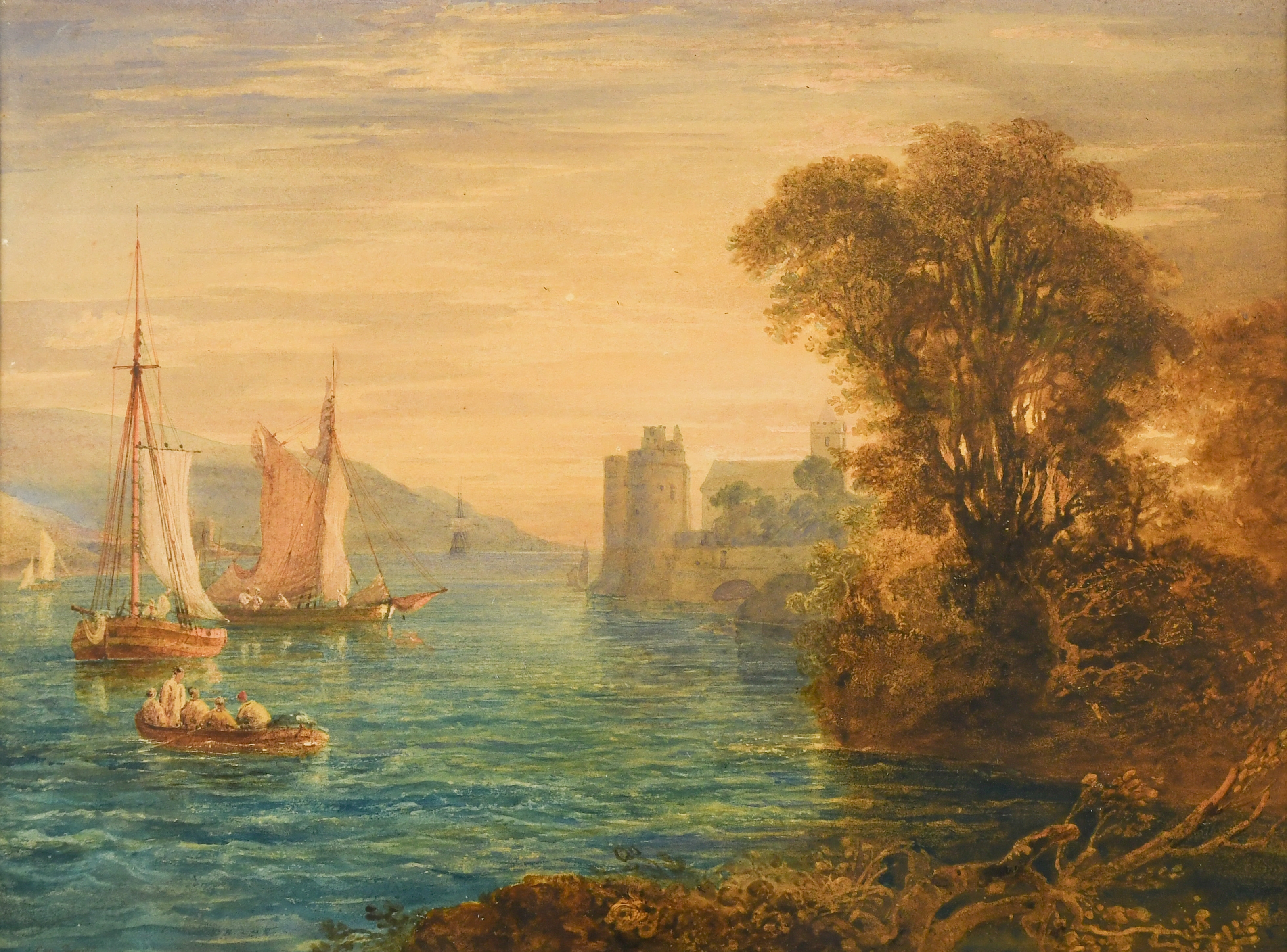 Anthony Vandyke Copley Fielding | A sunset lake scene with a castle ...