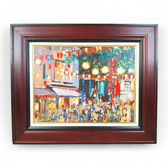 Mark Enslin | BEAUTIFUL MAHOGANY FRAMED OIL PAINTING OF A BUSY STREET ...