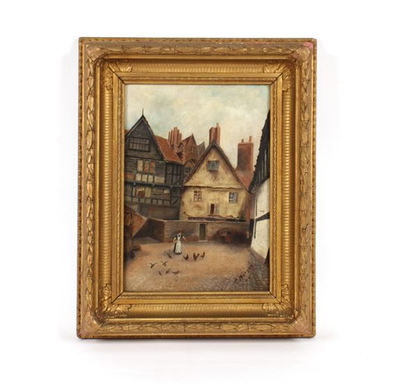P Morgan | study of a maid feeding poultry in a yard (1915) | MutualArt