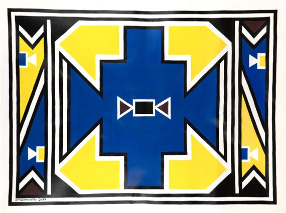 Esther Mahlangu | NDEBELE PATTERN IN NAVY BLUE AND YELLOW (2023 ...
