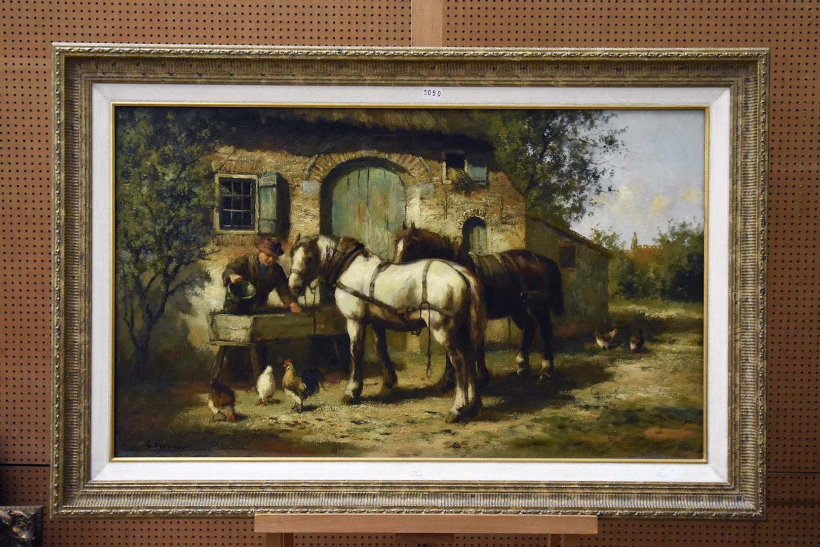 Cornelis Bouter | Boer en paarden in een stal | MutualArt