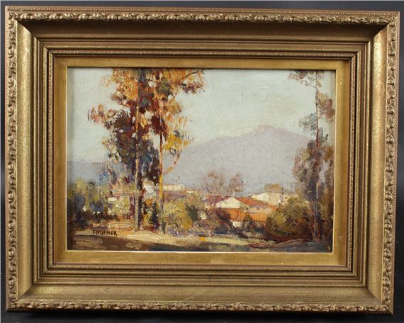 Fred Milner | Landscape with rooftops and mountain beyond | MutualArt