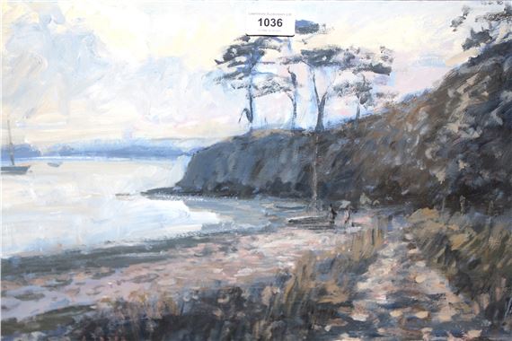 Tozer Andrew | Cornish headland with trees and figures on the beach ...