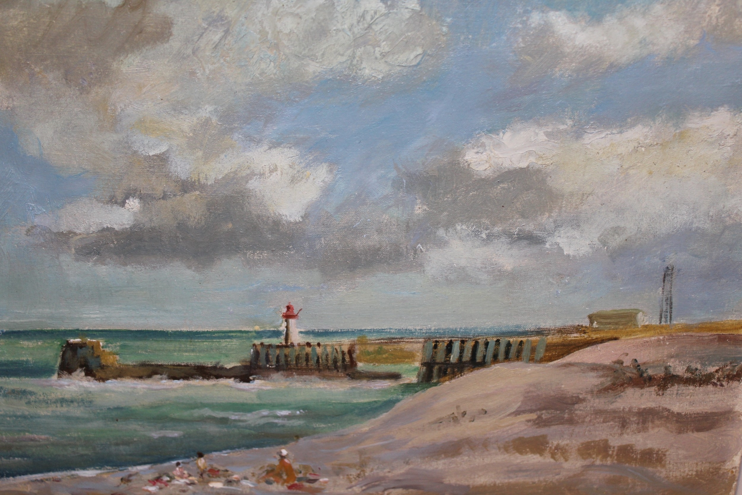 Modernist School, 20th Century | figures on a beach by a harbour wall ...