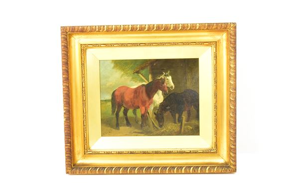 Henry Charles Woollett | three horses outside stables | MutualArt