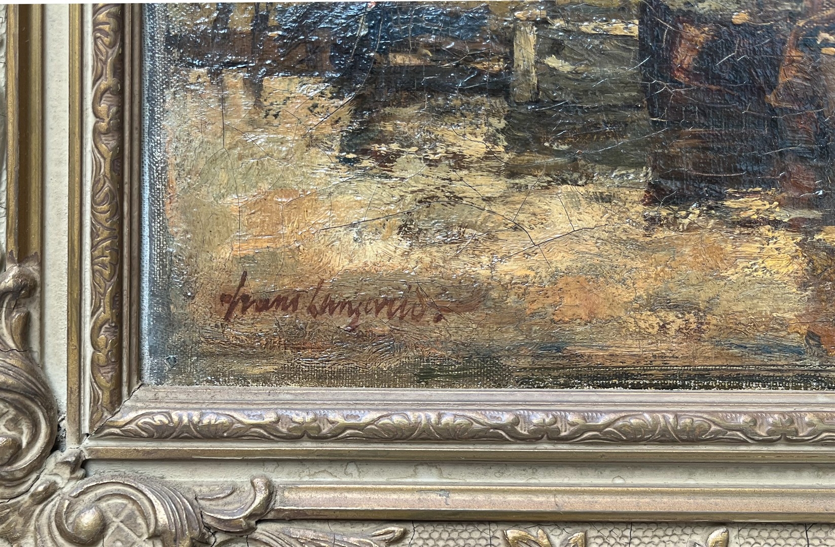 Frans Langeveld | Afgemeerde platbodems bij een dorpje aan het water | MutualArt