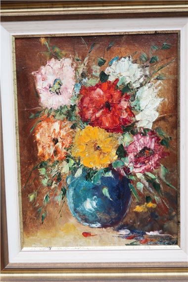 Peter J. Wieser | Still life with dahlias in blue ceramic vase | MutualArt