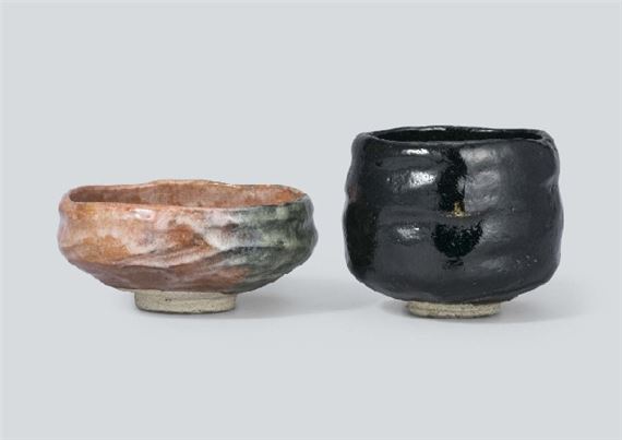 Raku Kichizaemon | Red flat tea bowl and Black cylindrical tea bowl ...