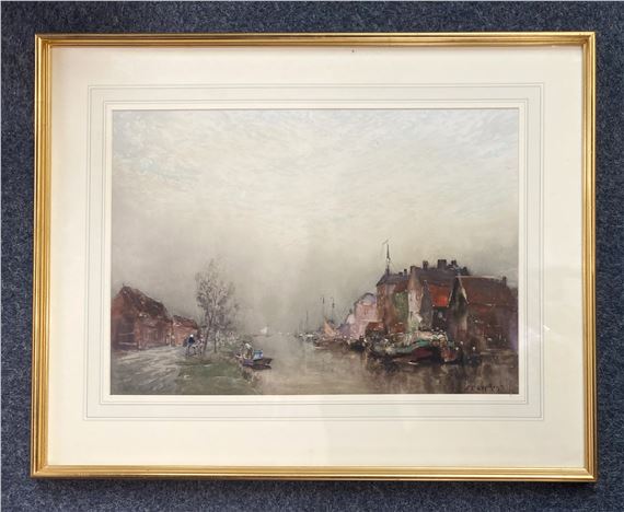 John Ernest Aitken | Continental river landscape with boats, buildings ...