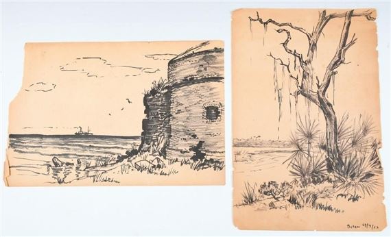 Don Emery | Two Marker/Newsprint Landscape Sketches | MutualArt