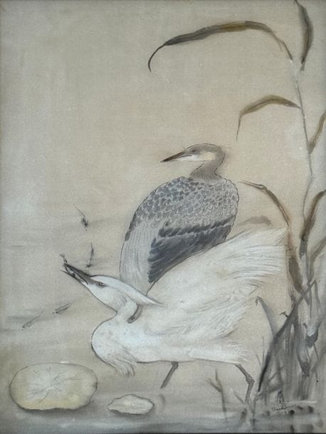 Deshima Shunko | Two waders near water lilies (1930) | Compare similar ...