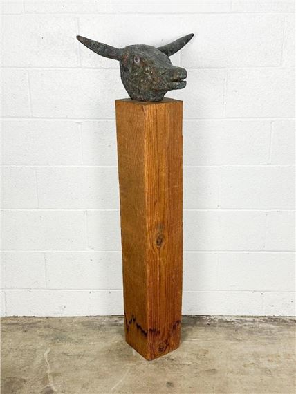 Annette Bird | Wood Metal Sculpture of Bull Head on Pedestal | MutualArt