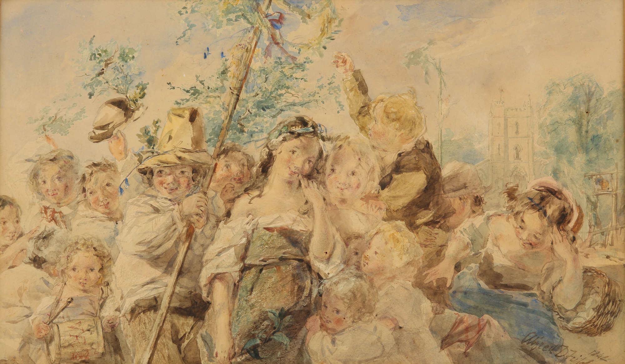 Alfred Downing Fripp | a group of children with a Maypole accompanying ...