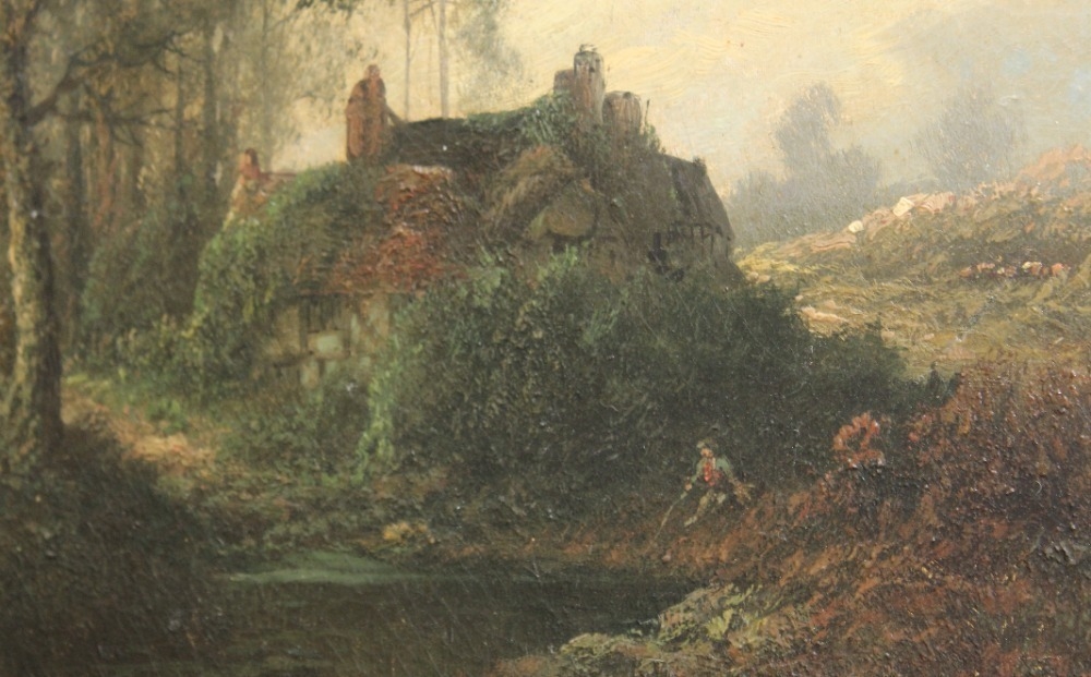 William Stone | A figure beside a river, a house beyond in a valley ...
