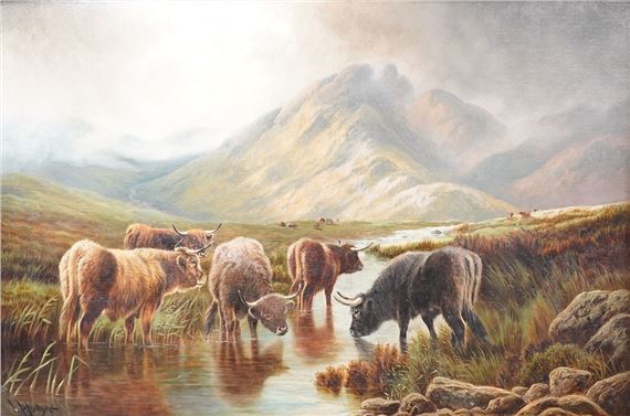 William Perring Hollyer | Highland cattle grazing before mountains ...