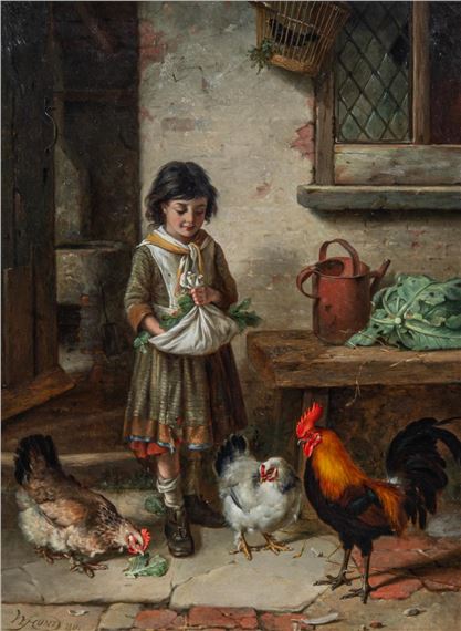 Walter Hunt | little girl feeding the chickens (1880) | MutualArt