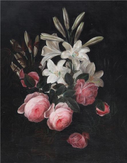 Johan Laurentz Jensen | Still life with white lillies and pink roses ...