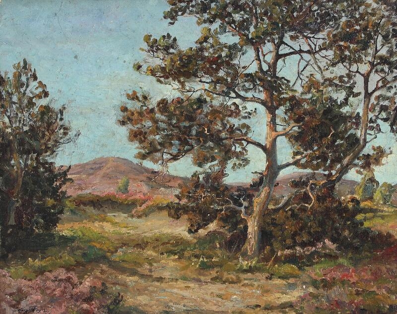 Harald Julius Niels Pryn | Freestanding oak trees in a hilly moorland landscape | MutualArt