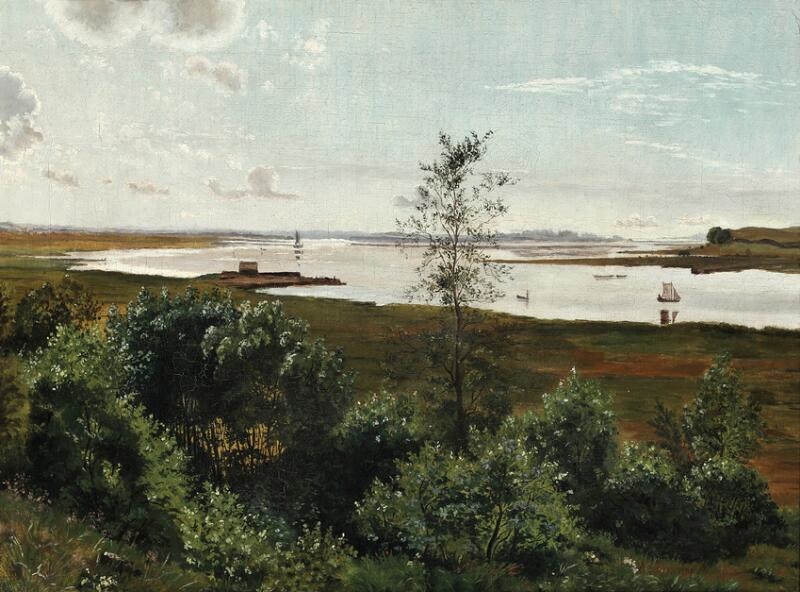 Vilhelm Kyhn | Landscape with a view towards a lake with sailing ships ...