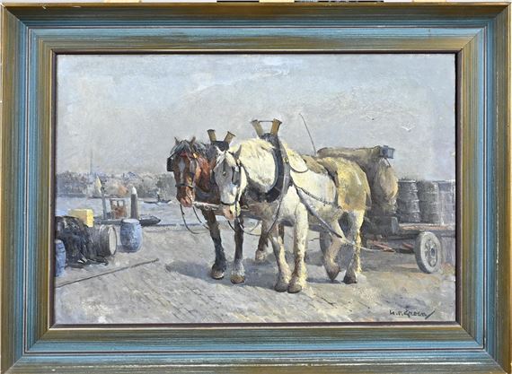Hendrik Pieter Groen | Paardenkar met vaten op de Rotterdamse kade ...